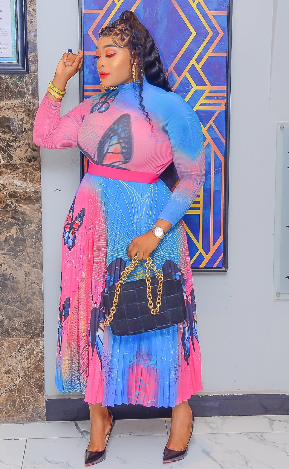 Vanetta Pleats- Mesh Long Sleeve Top and LONG Pleated Skirt Set (New ...