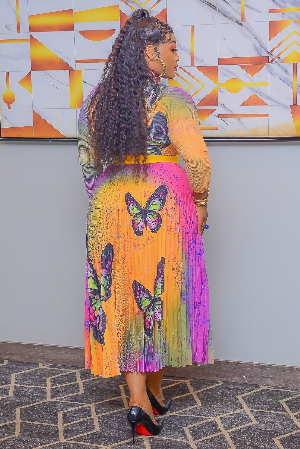 Vanetta Pleats- Mesh Long Sleeve Top and LONG Pleated Skirt Set (New ...